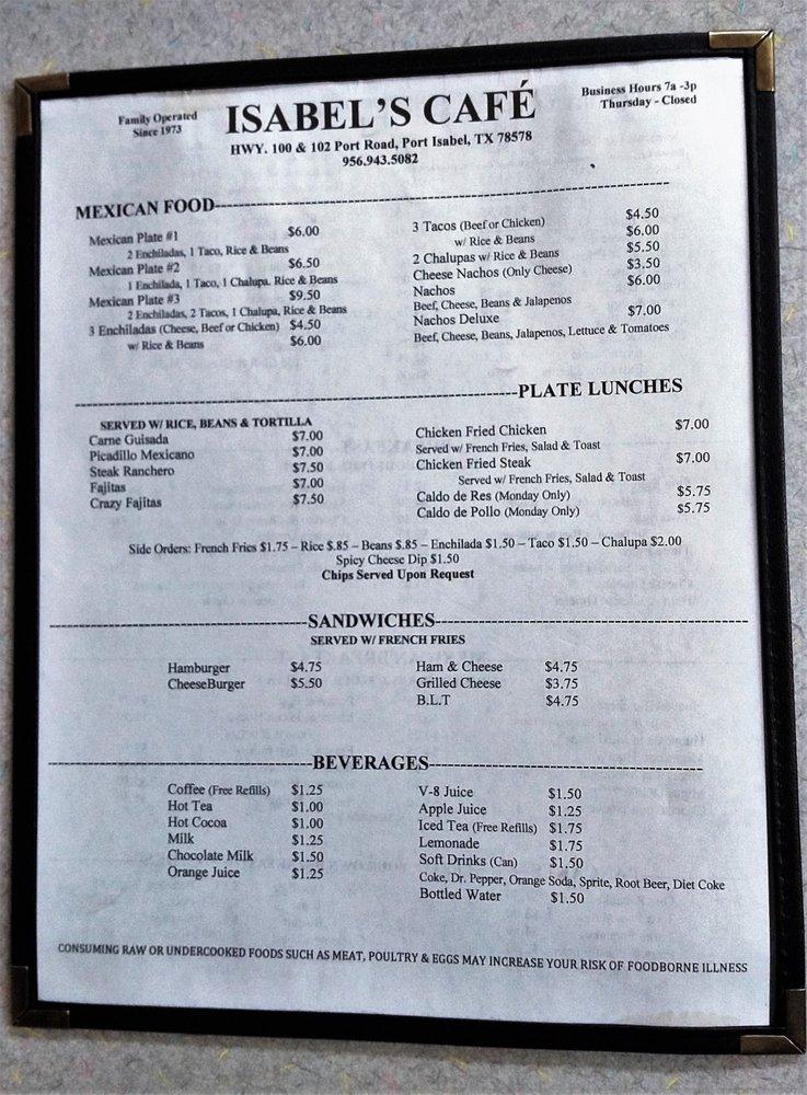 Menu at Isabel's Cafe, Port Isabel