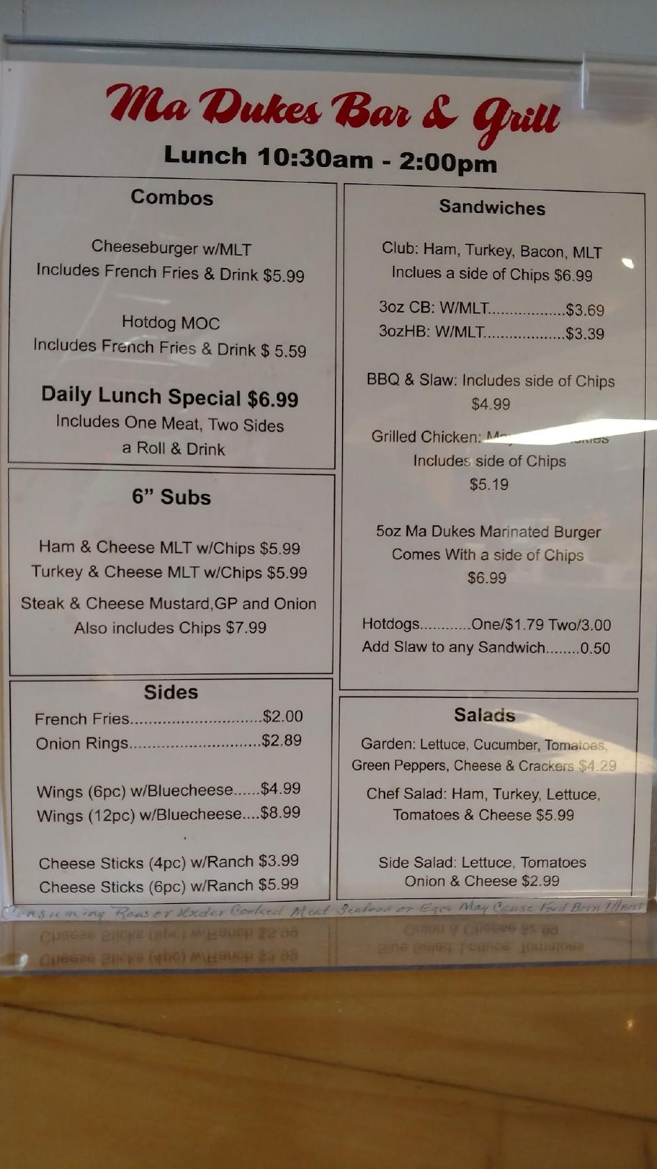 Menu at Ma Dukes Bar & Grill, Roanoke