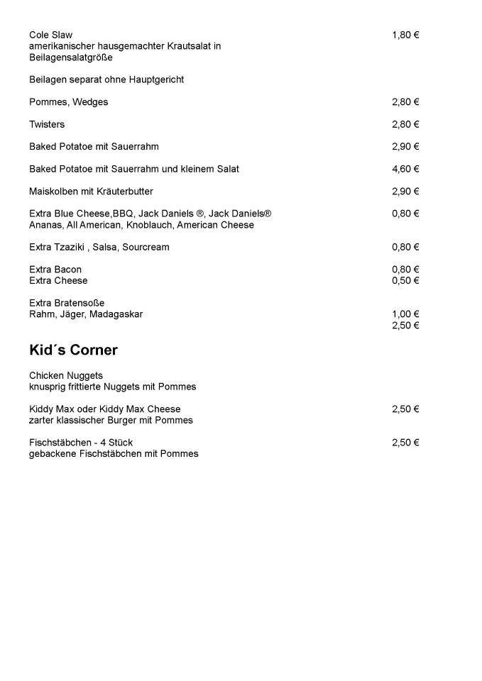 Menu at Mad Max American Diner restaurant, Eggenstein-Leopoldshafen