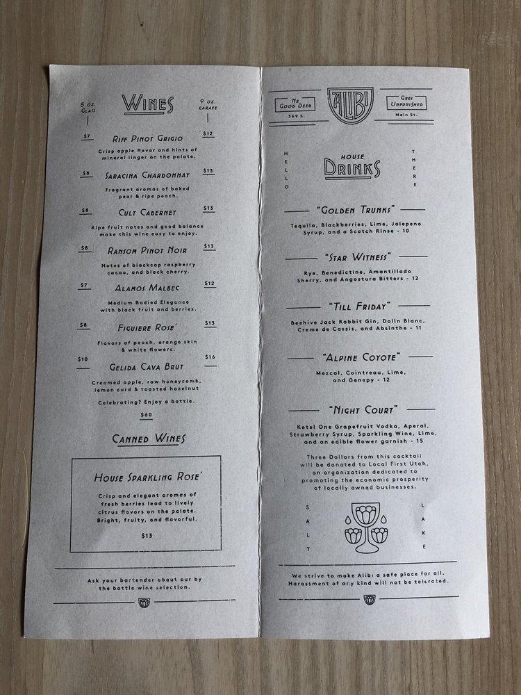 Menu at Alibi Bar & Place, Salt Lake City