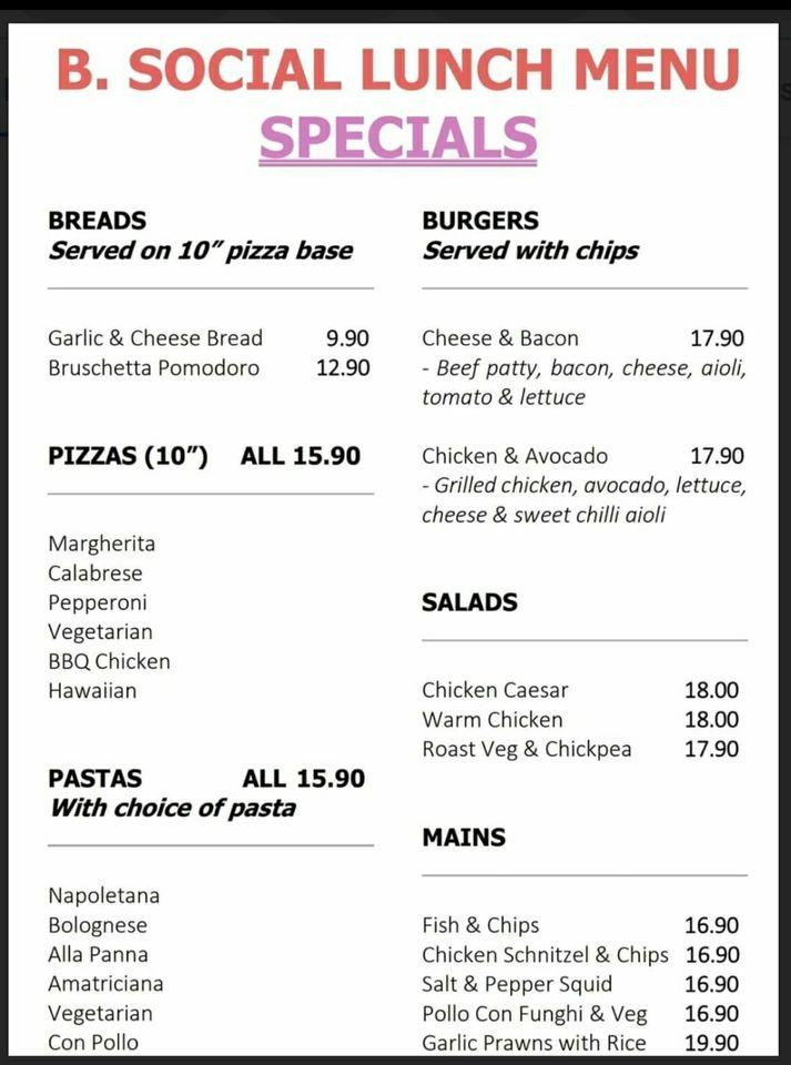 Menu at B. Social Restaurant - Events - Venue Hire - Adelaide, Oakden