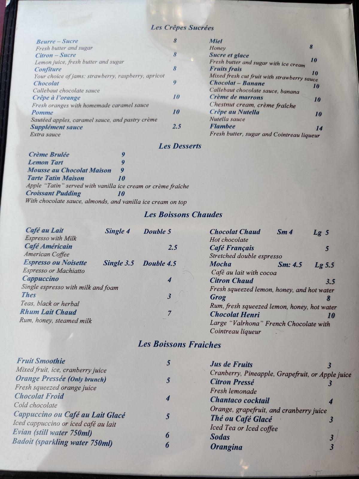 Menu at Café Henri cafe, New York City, 50th Ave