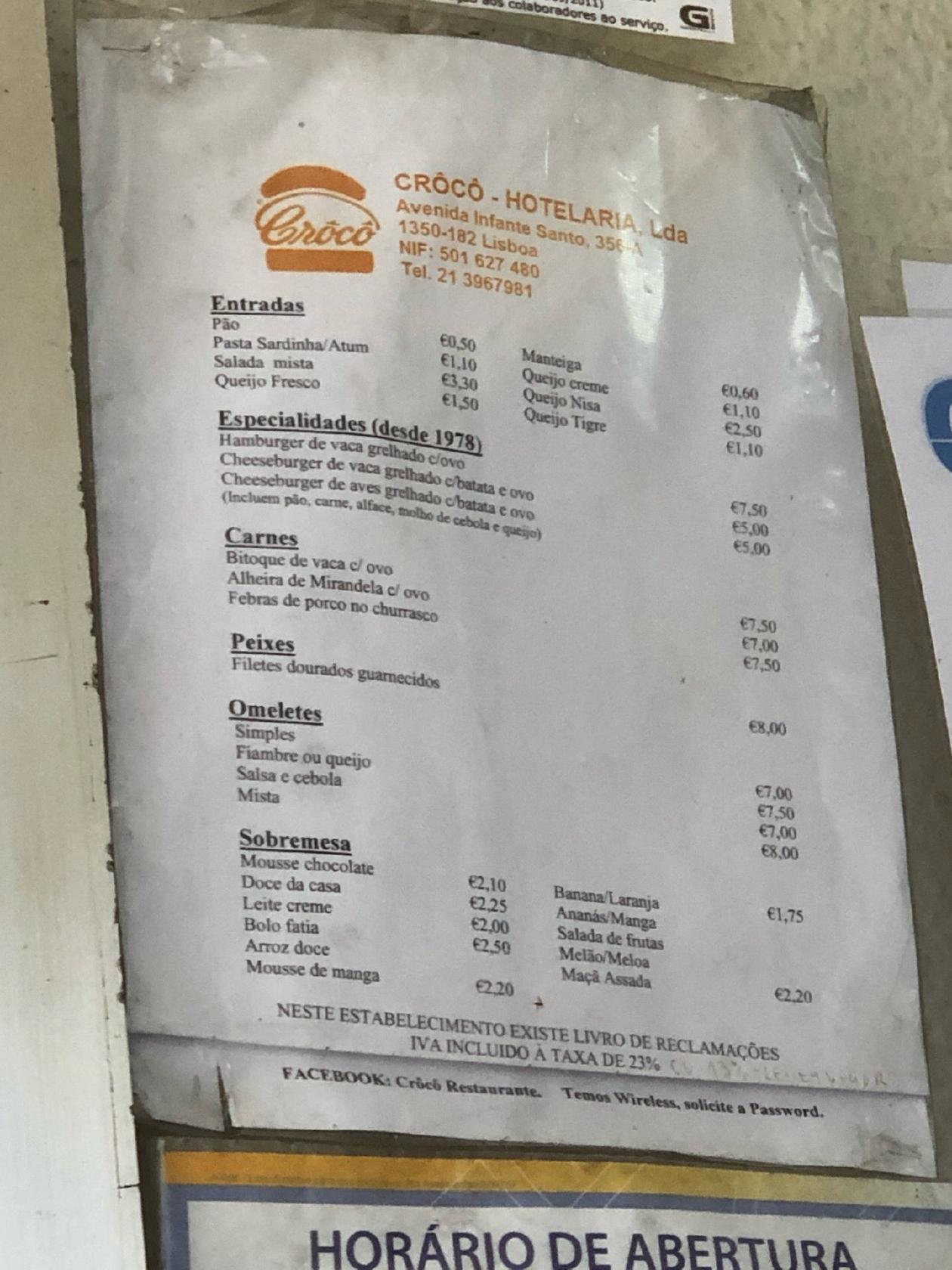 Menu em Crôcô restaurante, Lisboa