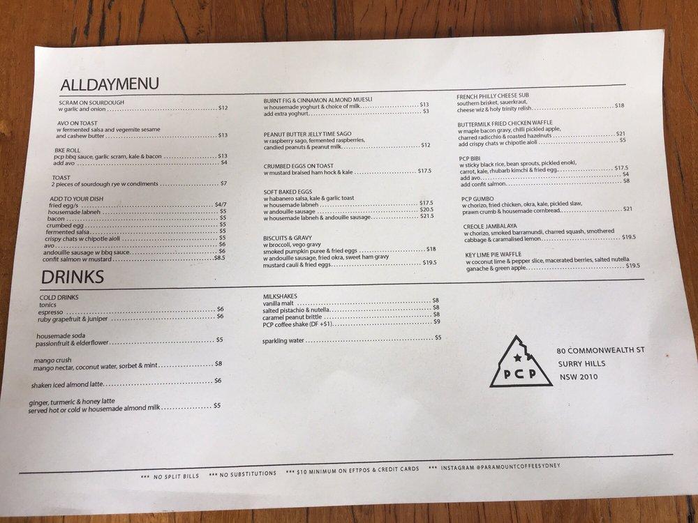 Carta del café Paramount Coffee Project, Surry Hills
