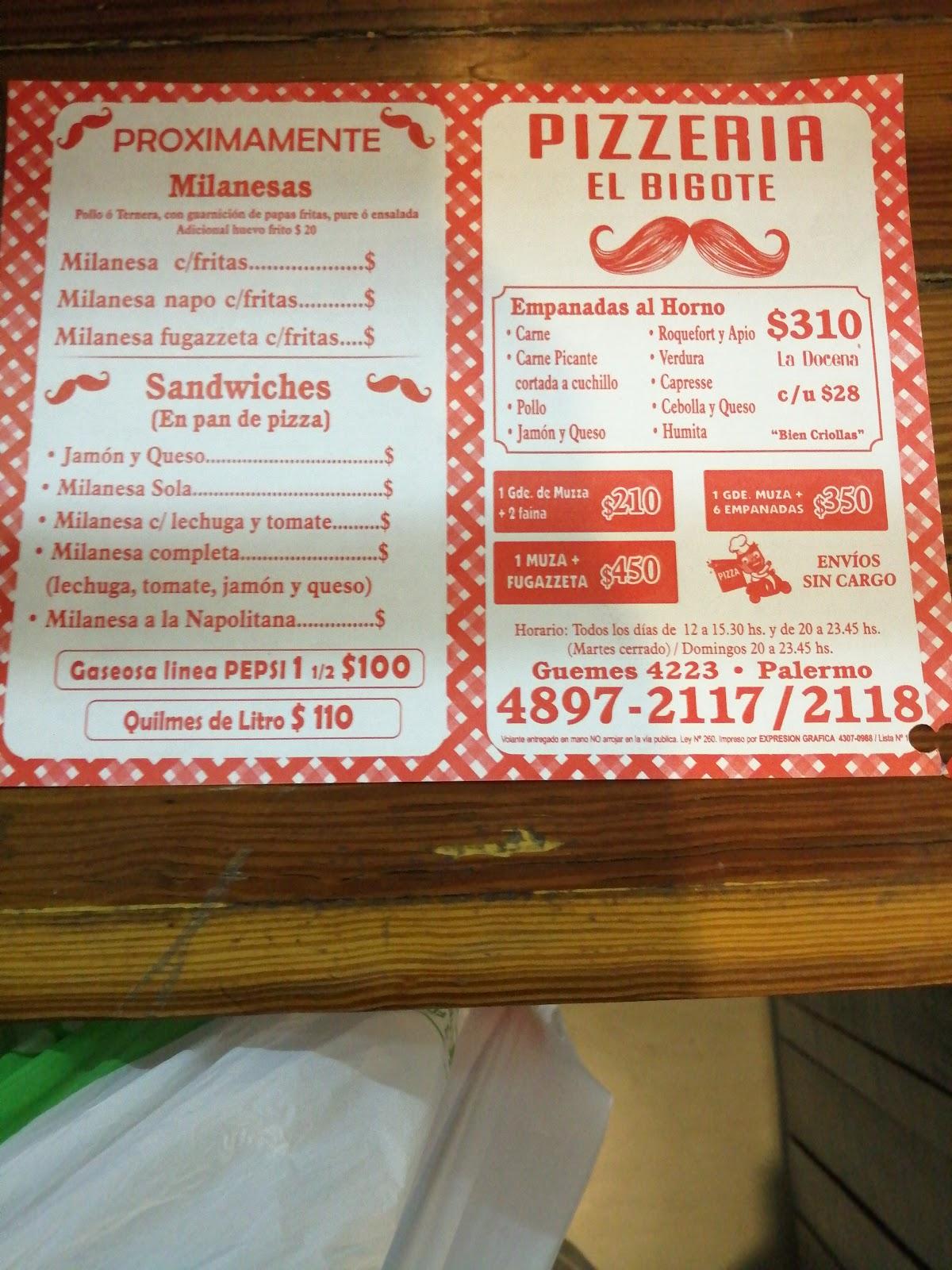 Carta de Pizzeria El Bigote, Argentina