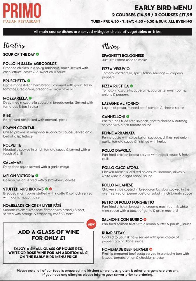 Menu at Primo Italian Restaurant Huddersfield, Huddersfield