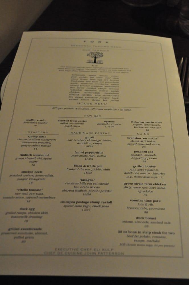 Menu at Fork restaurant, Philadelphia