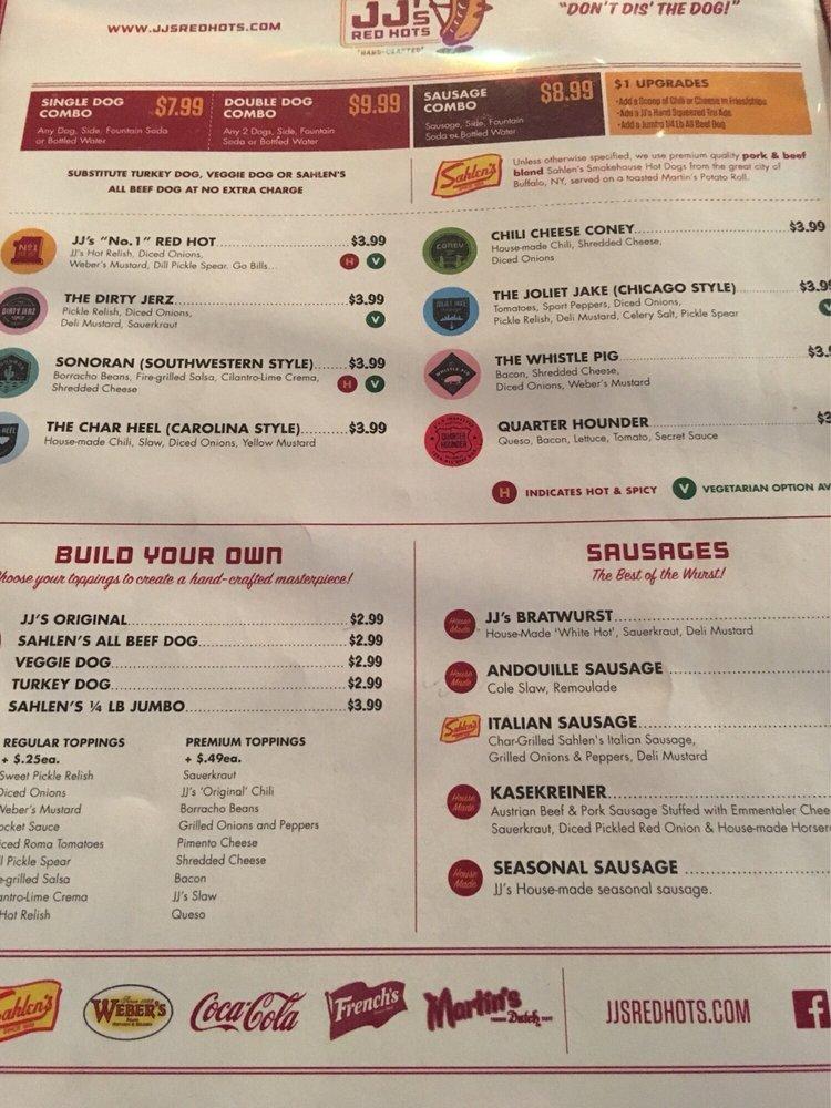 Menu at JJ's Red Hots restaurant, Charlotte, East Blvd