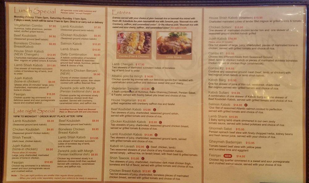 Menu at Kabobi - Persian and Mediterranean Grill restaurant, Chicago