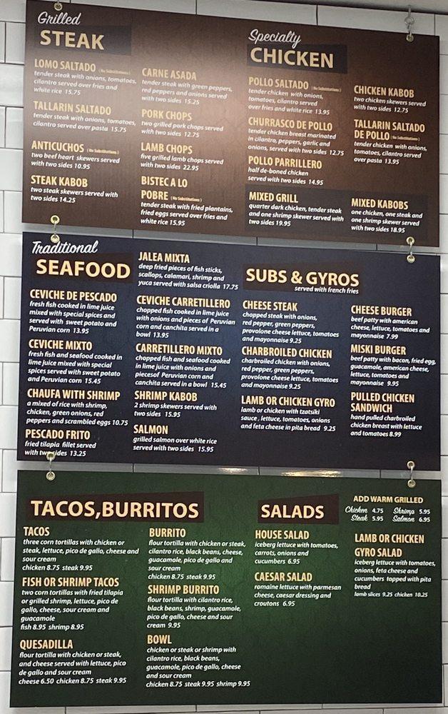 Menu at Miski Peruvian Charbroiled Chicken restaurant, Crofton