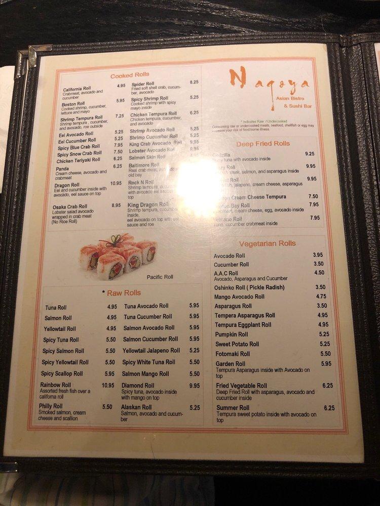 Menu at Nagoya Asian Bistro restaurant, Prince Frederick