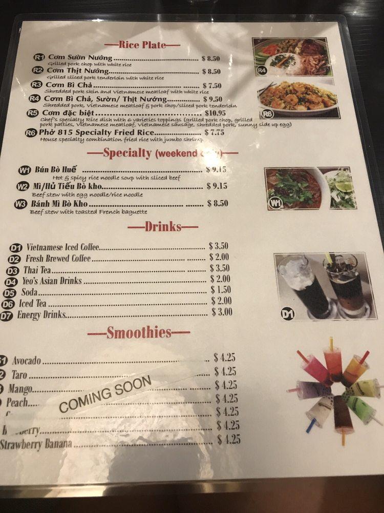 Menu at Pho 815 restaurant, Rockford, E State St