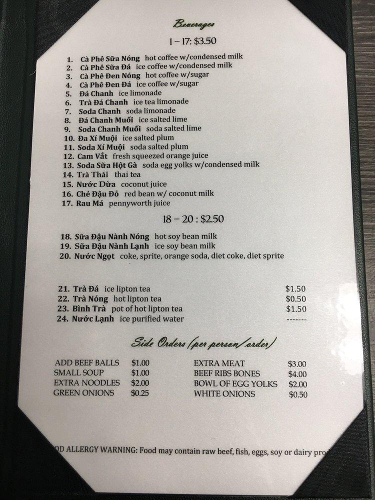 Menu at Pho Hong Long restaurant, Garden Grove