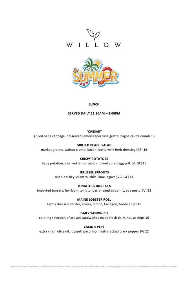 Menu at Willow pub & bar, Harbor Springs
