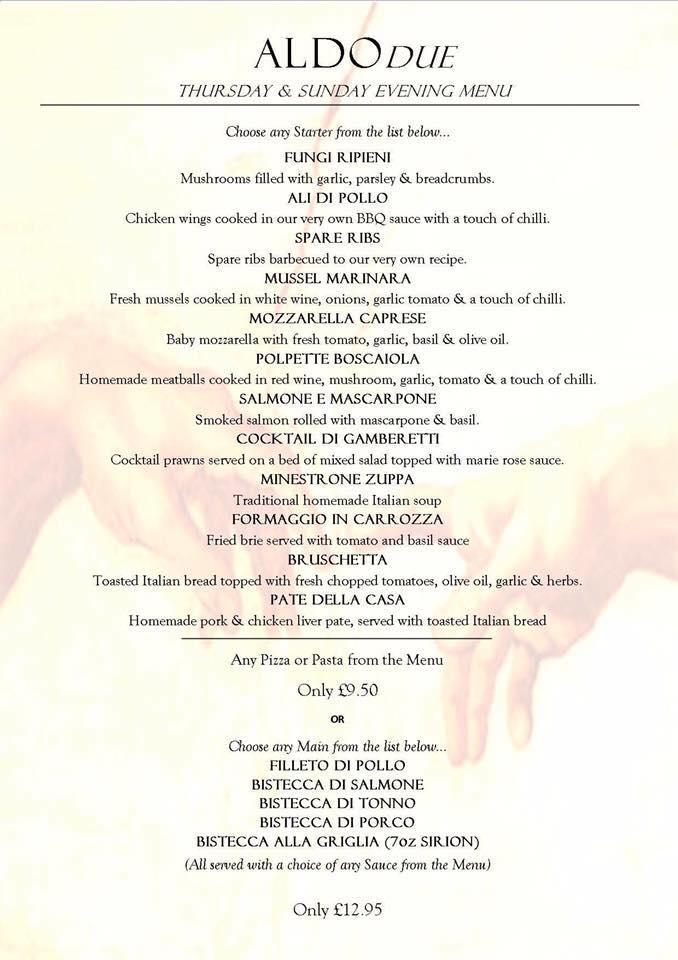 Menu at Aldo Due Ltd restaurant, Burnley
