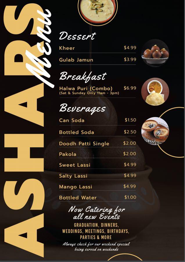 Menu at Ashar's Kitchen restaurant, Sugar Land