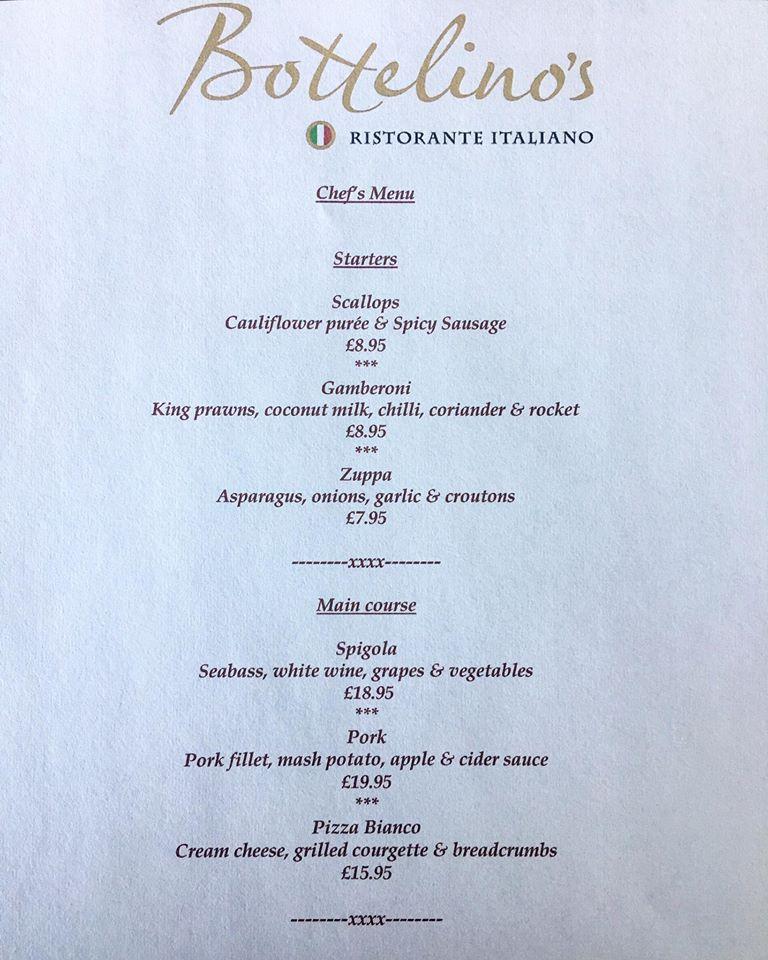 Menu at Bottelino's restaurant, Portishead, Harbour Rd