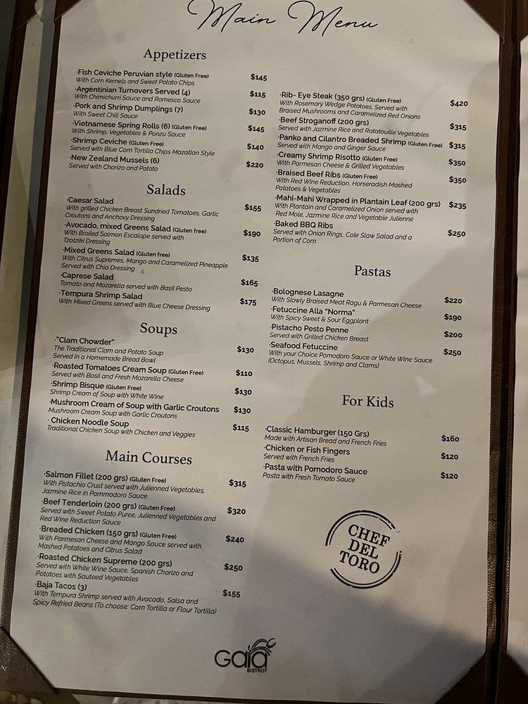 Menu at Gaia Bistrot restaurant, Mazatlán