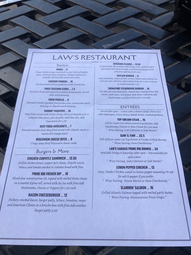 Menu at Law's Restaurant, Riverside