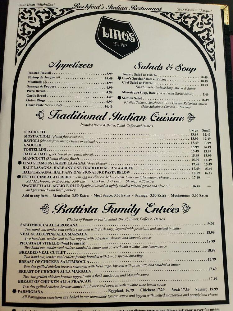 Menu at Lino's pizzeria, Rockford