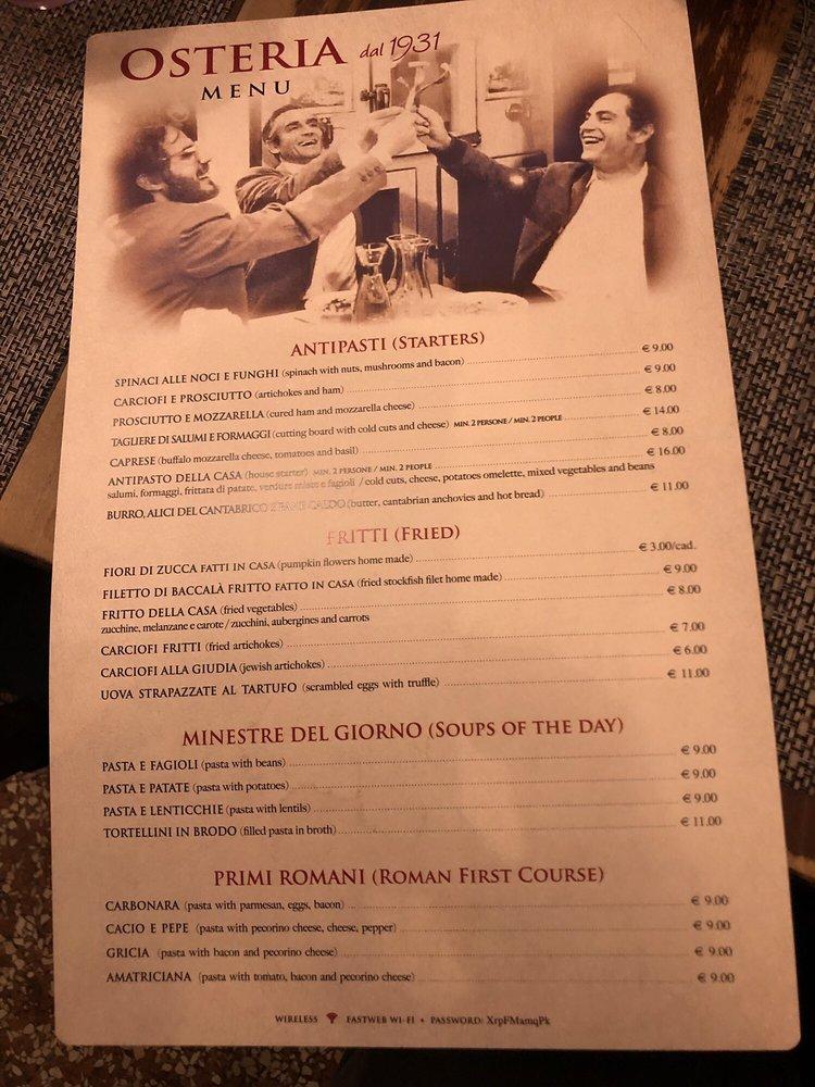 Menu at Osteria dal 1931 restaurant, Rome