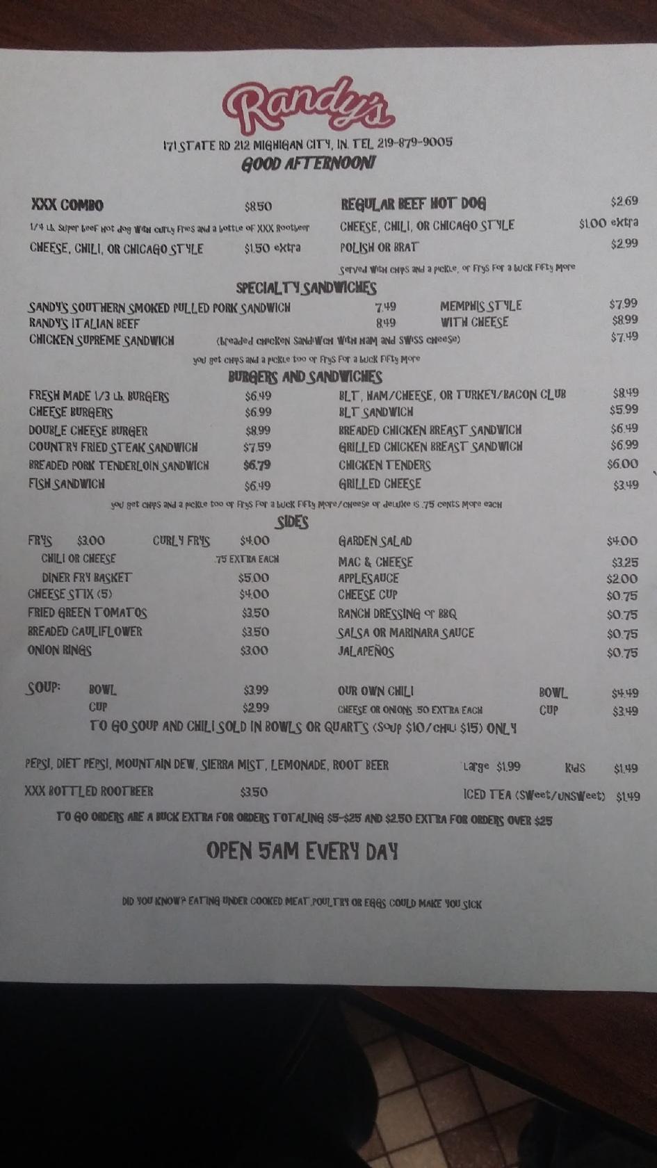 Menu at Randy's Diner fast food, Michigan City