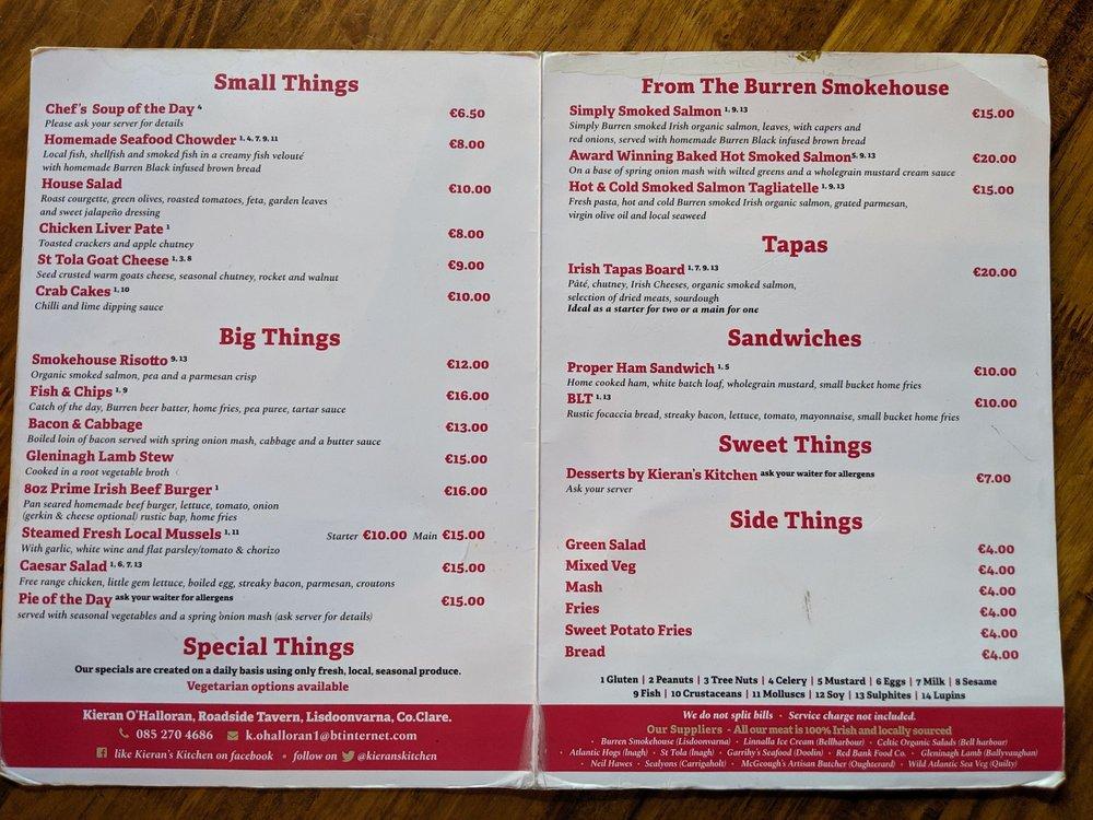 Menu at Roadside Tavern pub & bar, Lisdoonvarna, Kincora Road