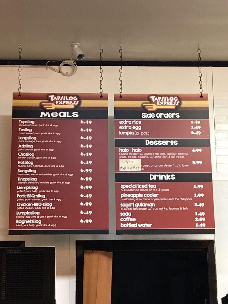 Menu at Tapsilog Express fast food, San Leandro, Washington Ave