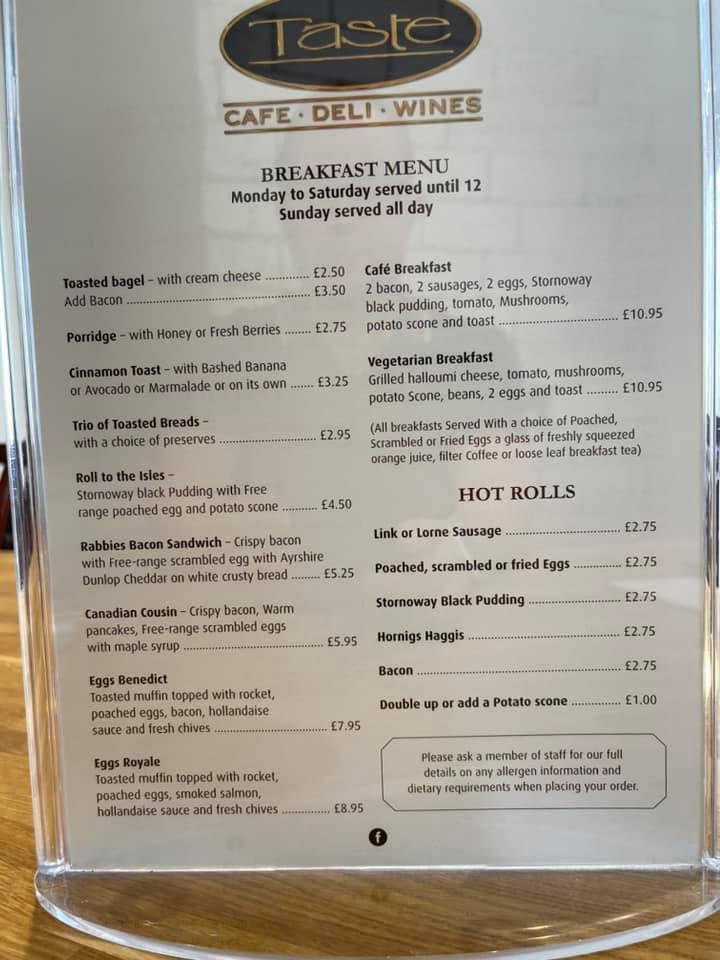 Menu at Taste cafe, Linlithgow
