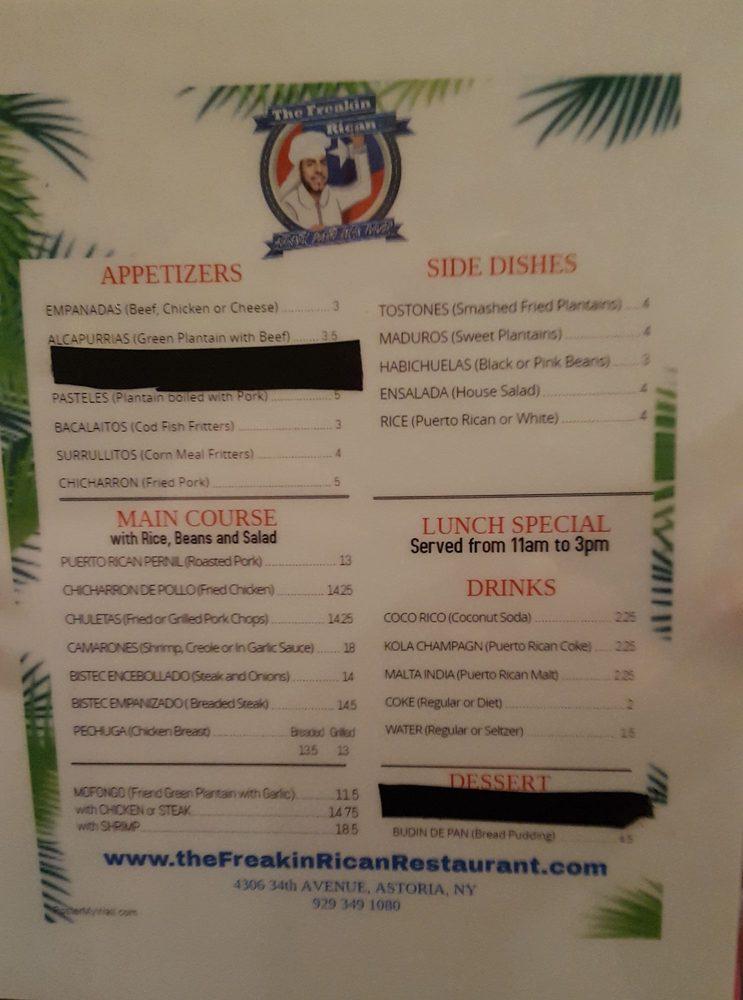 Menu at The Freakin Rican restaurant, New York City