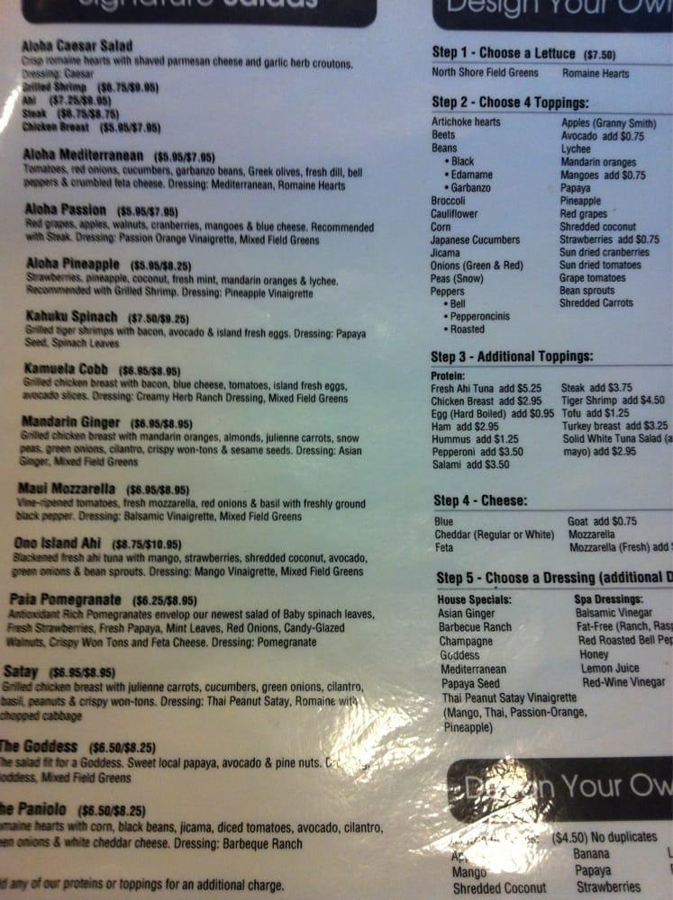Menu at Aloha Salads restaurant, Honolulu, Waialae Ave # 7050