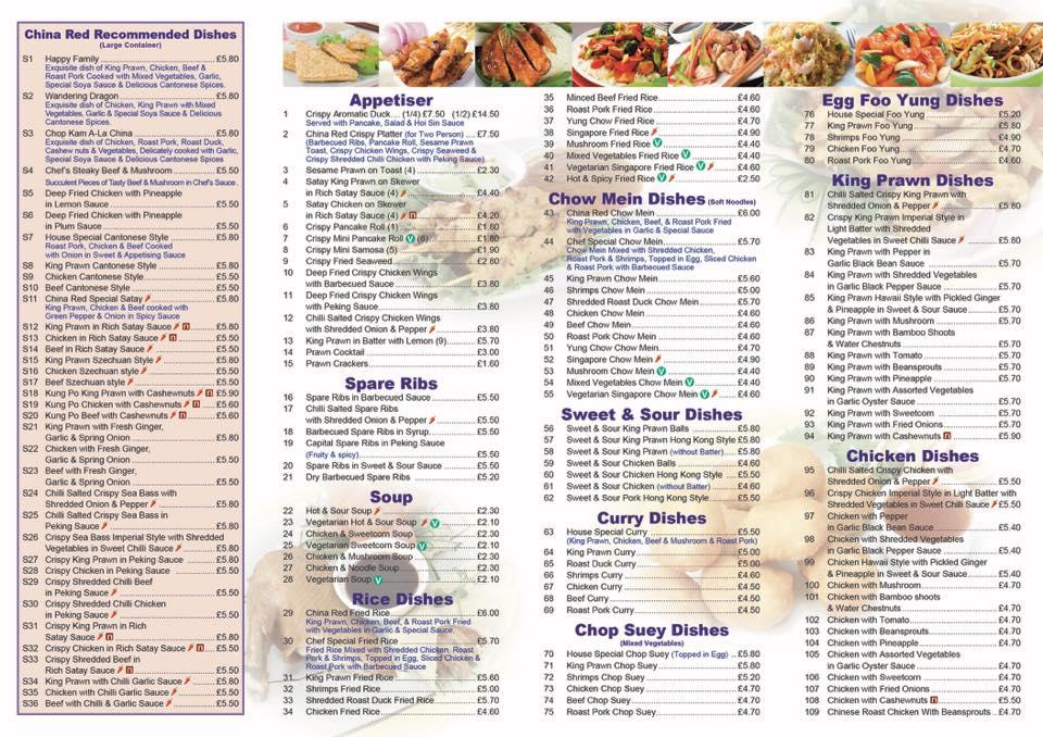 Menu at China Red restaurant, Leicester