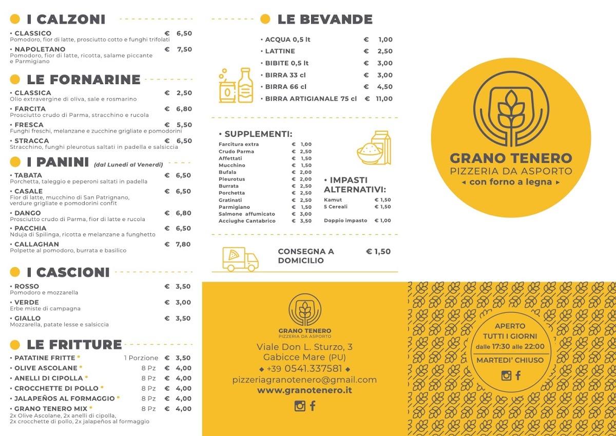 Menu at Pizzeria Grano Tenero, Gabicce Mare