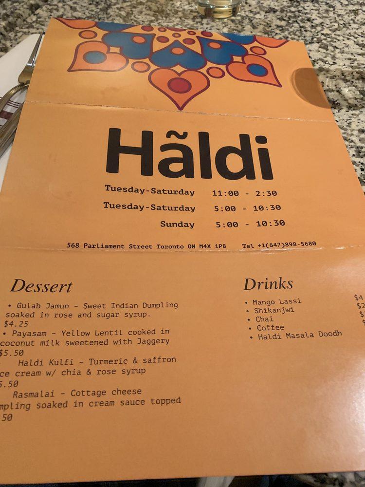 Menu at Haldi restaurant, Toronto