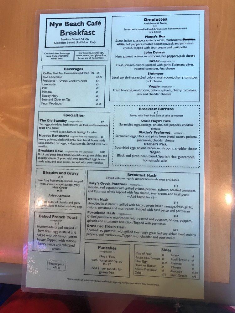 Menu at Cafe Nye Beach, Newport, 400-598 NW Coast St