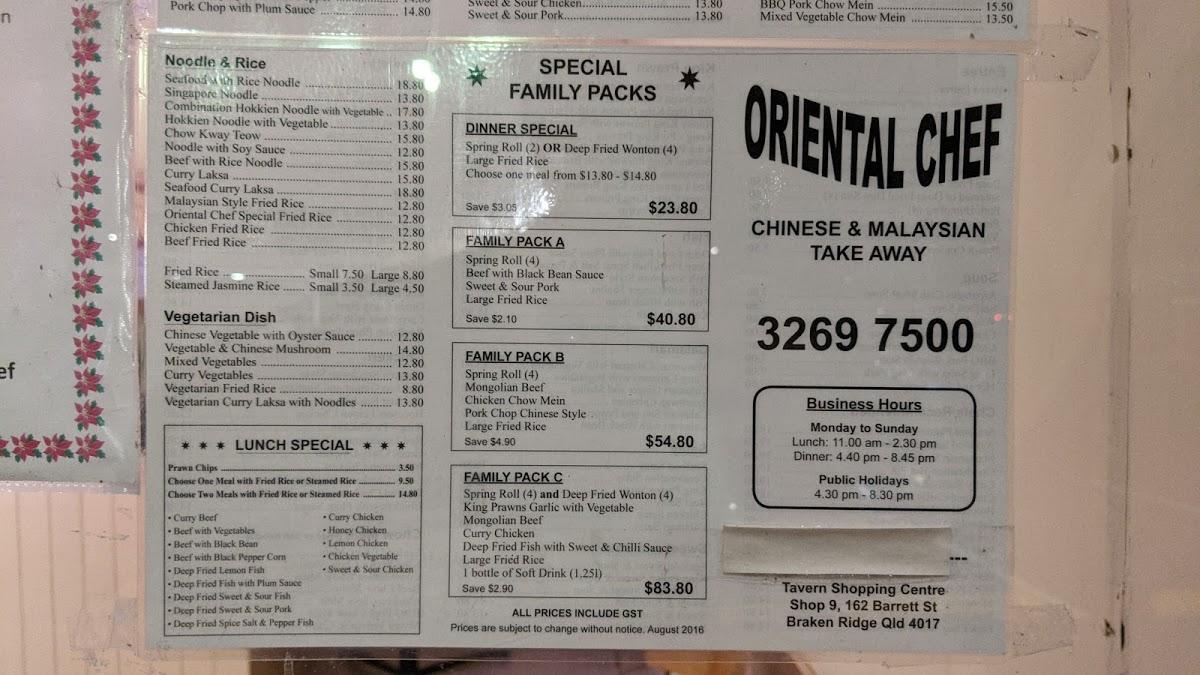 Menu at Oriental Chef restaurant, Bracken Ridge