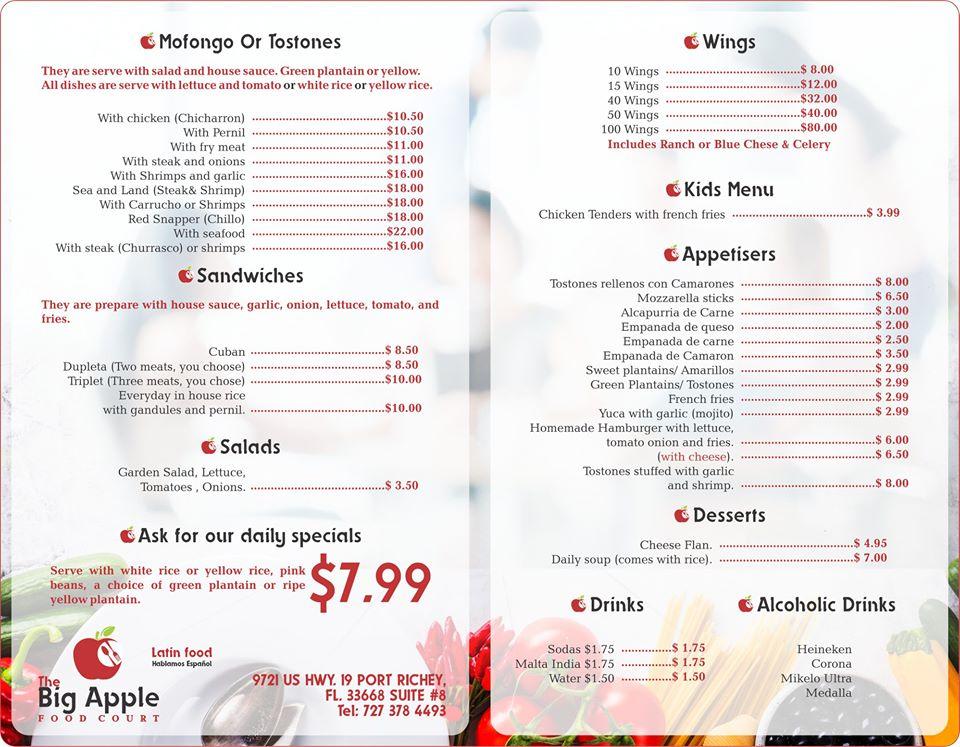 Menu at The Big Apple Food Court restaurant, Port Richey