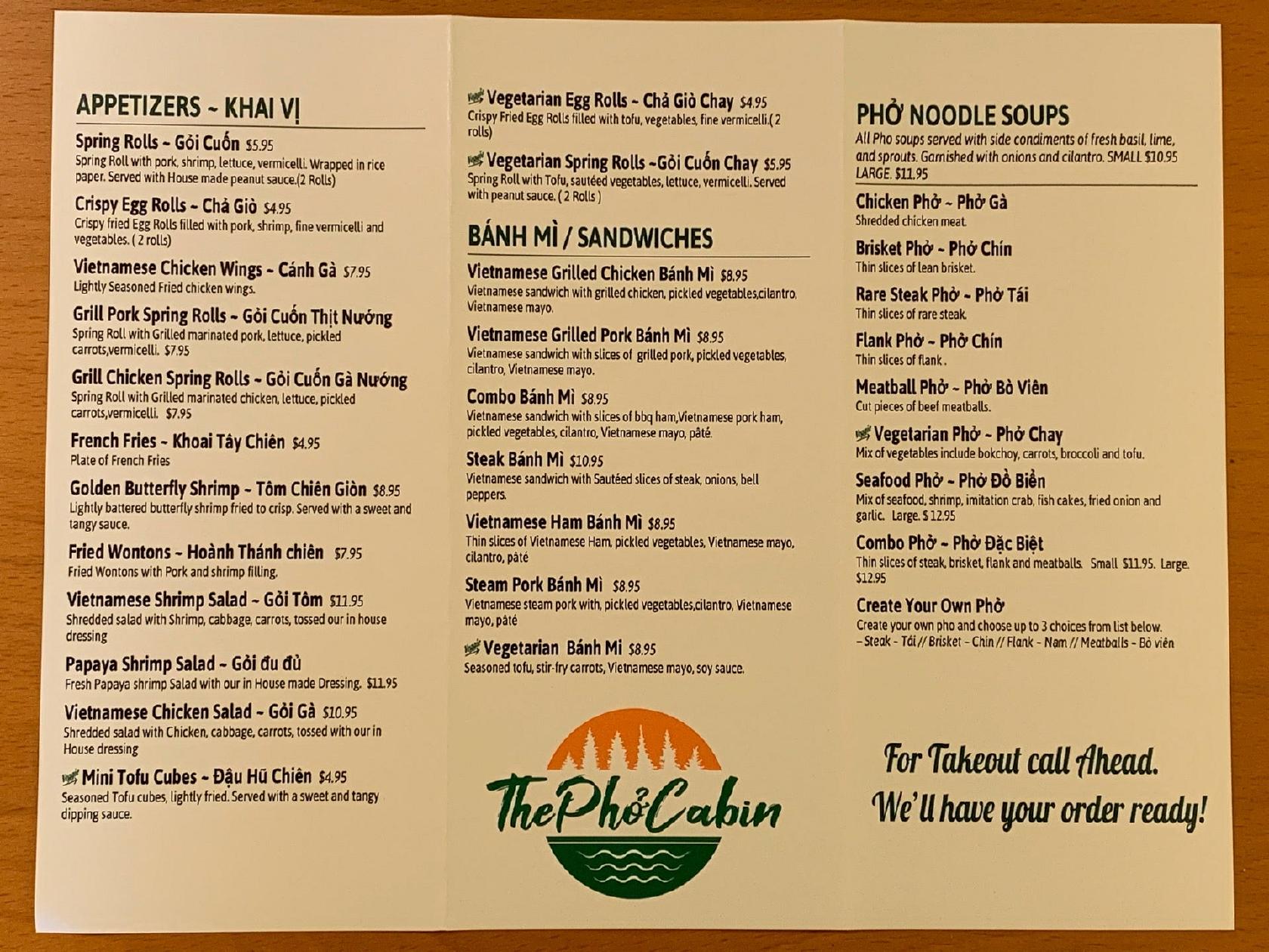 Menu at The Pho Cabin restaurant, Los Altos