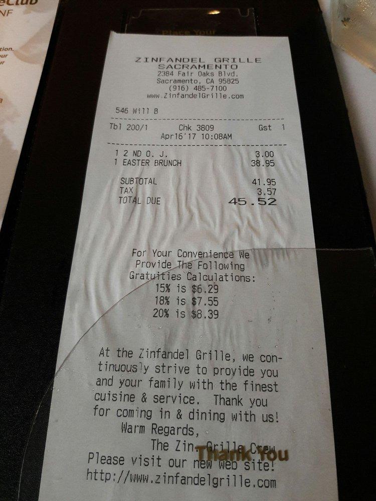 Menu at Zinfandel Grille restaurant, Sacramento, Fair Oaks Blvd