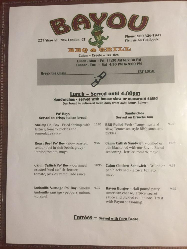 Menu at Bayou BBQ & Grill, New London