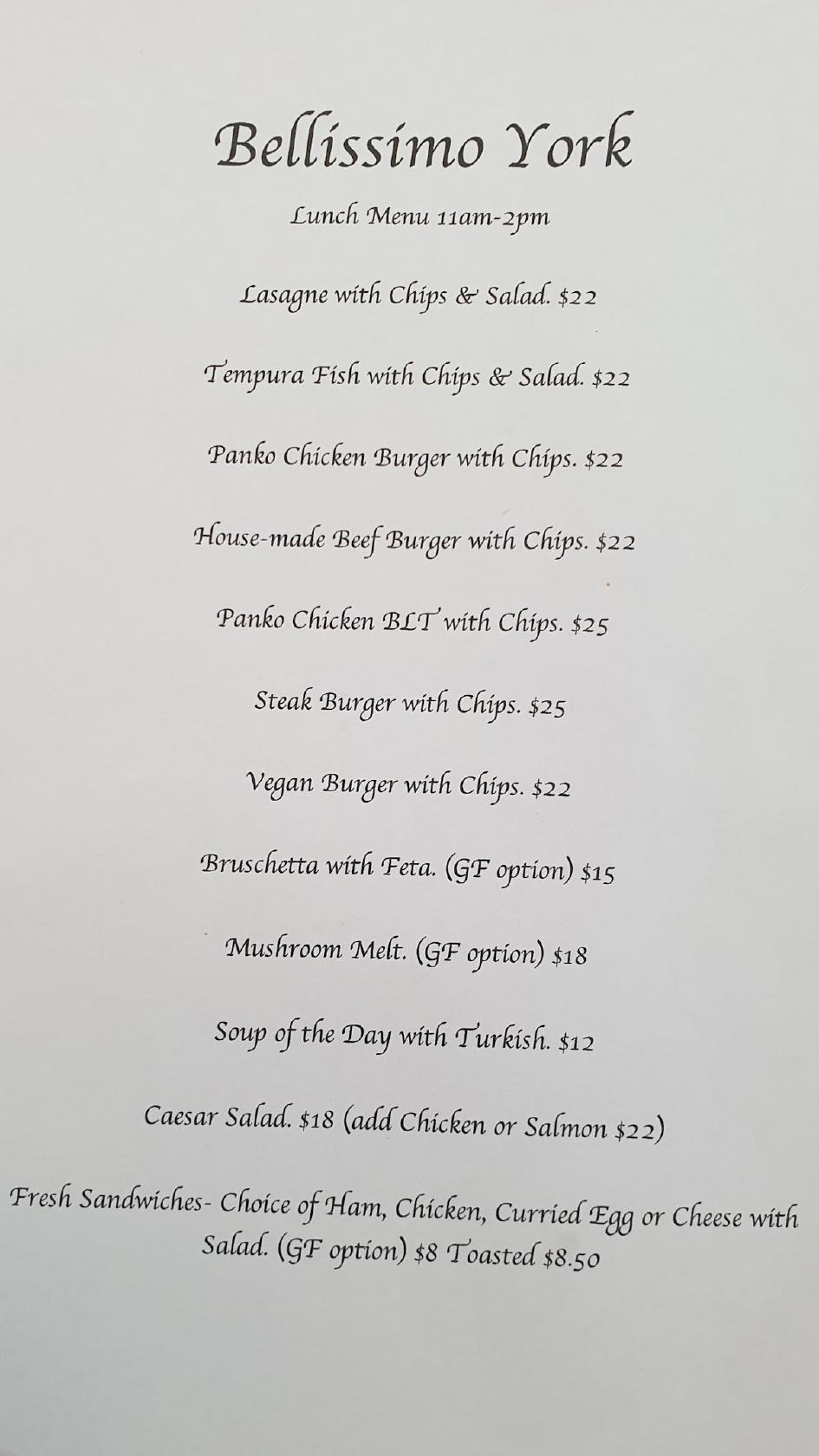 Menu at Bellissimo York restaurant, York