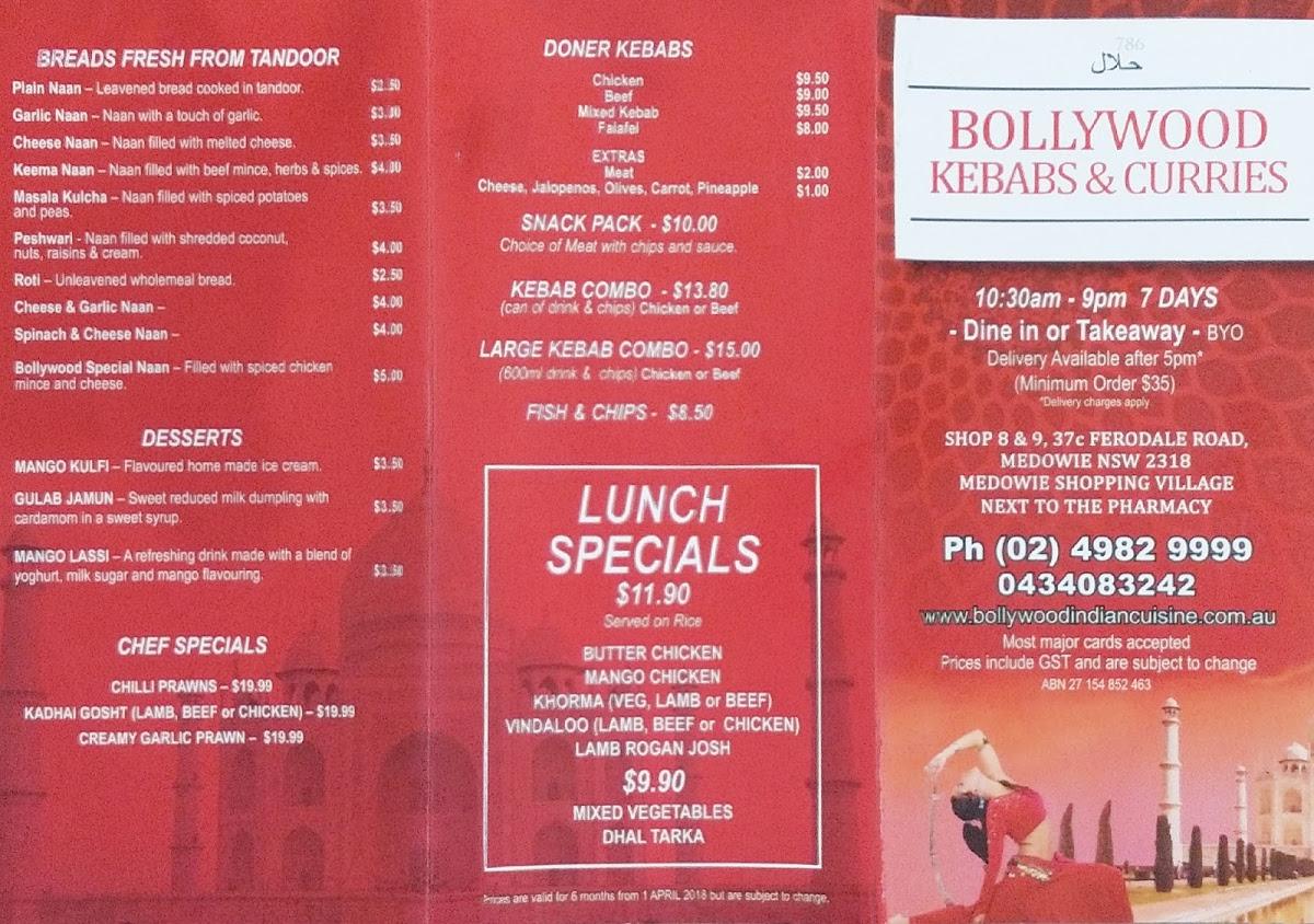 Menu at Bollywood Kebabs & Curries restaurant, Medowie