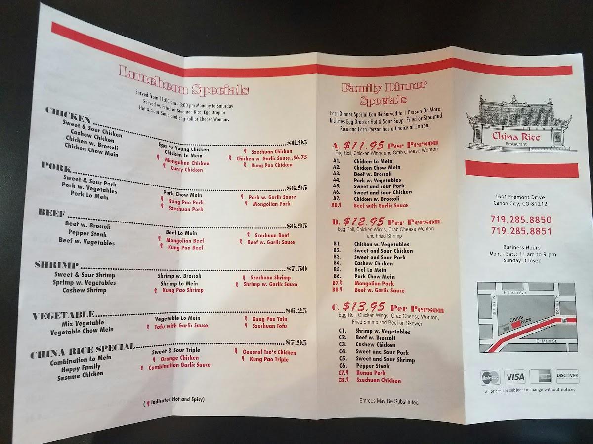 Menu at China Rice Restaurant, Cañon City, 1641 Fremont Dr