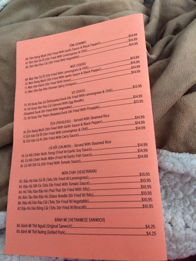 Menu at Hong Yen restaurant, Springfield