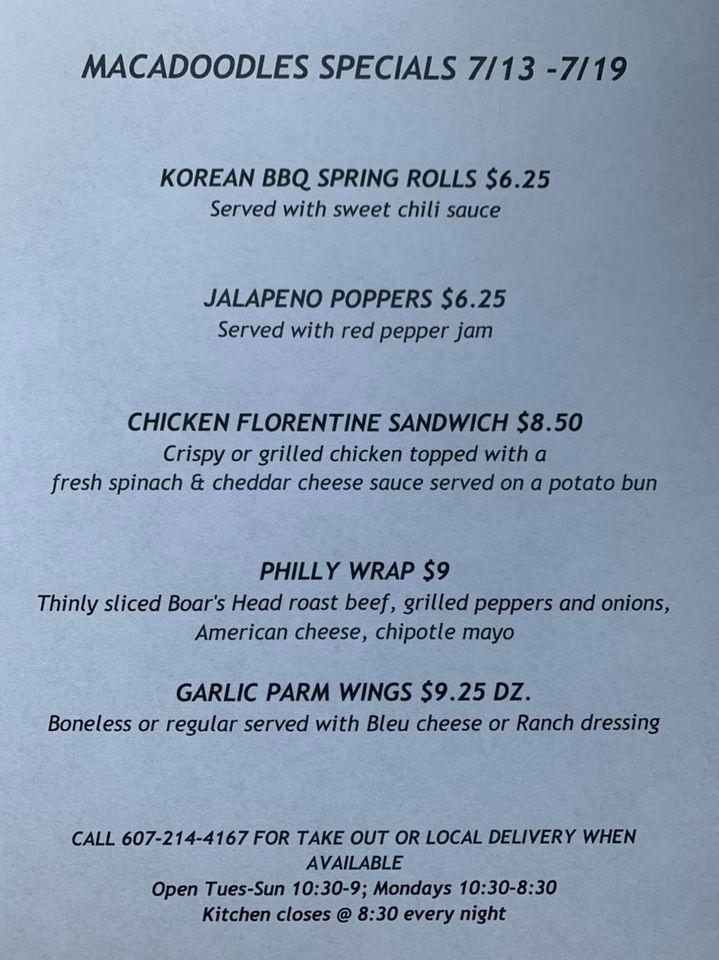 Menu at Mac-A-Doodles restaurant, Stamford, 33 Harper St