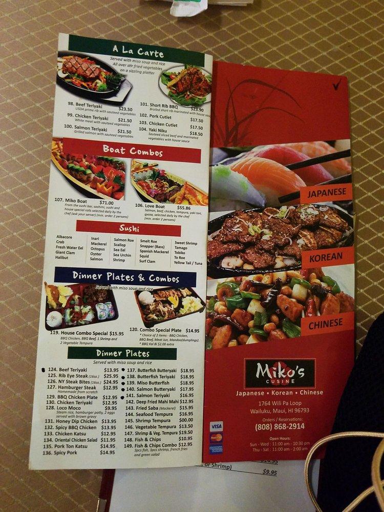 Menu at Miko’s Cuisine restaurant, Wailuku