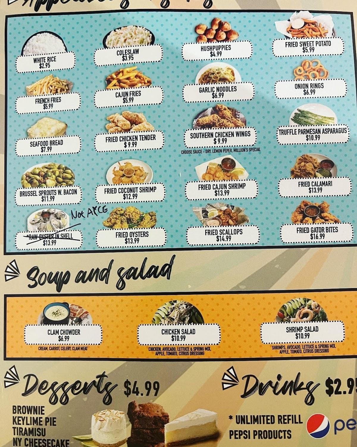 Menu at Million's Crab Maplewood restaurant, Maplewood