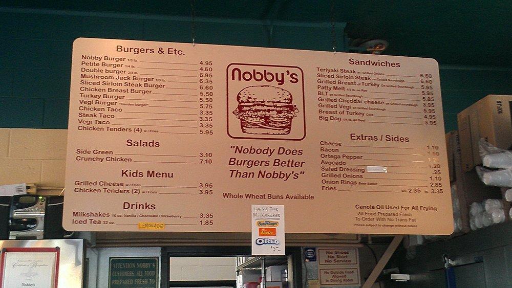 Menu at Nobby's restaurant, Chico