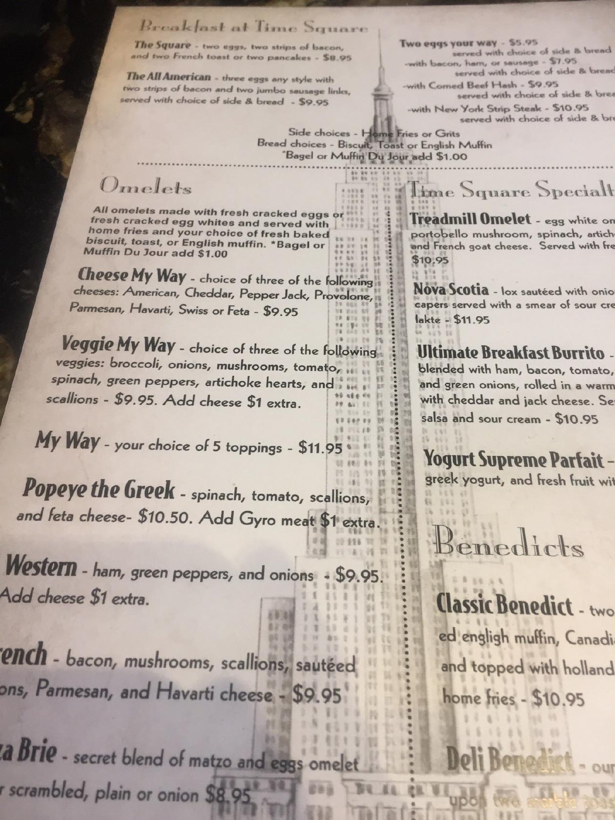 Menu at Time Square Diner restaurant, Melbourne