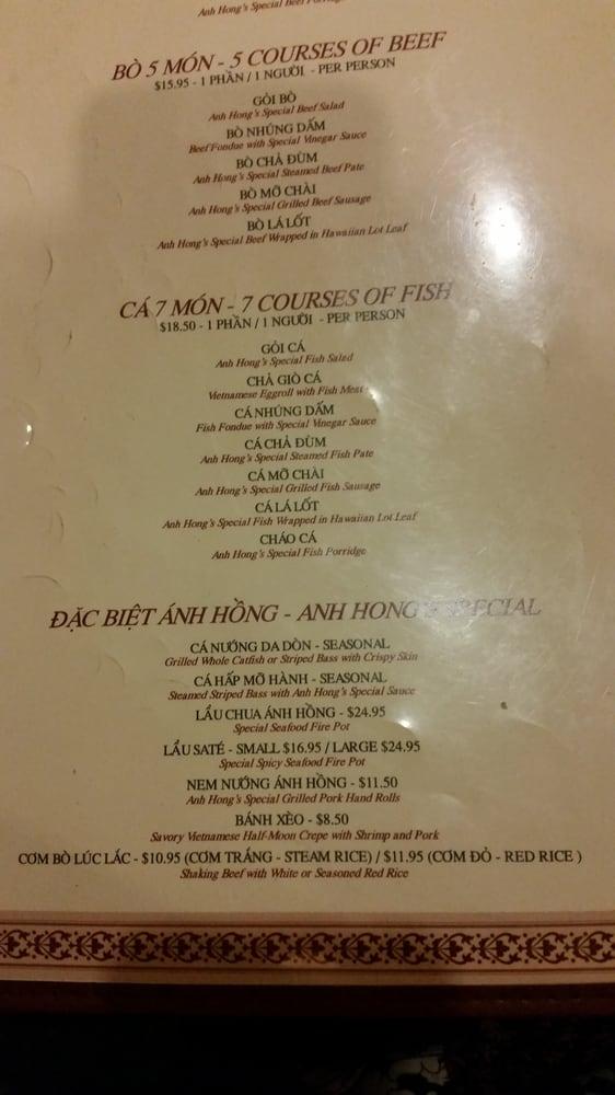 Menu at Anh Hong Restaurant, San Jose